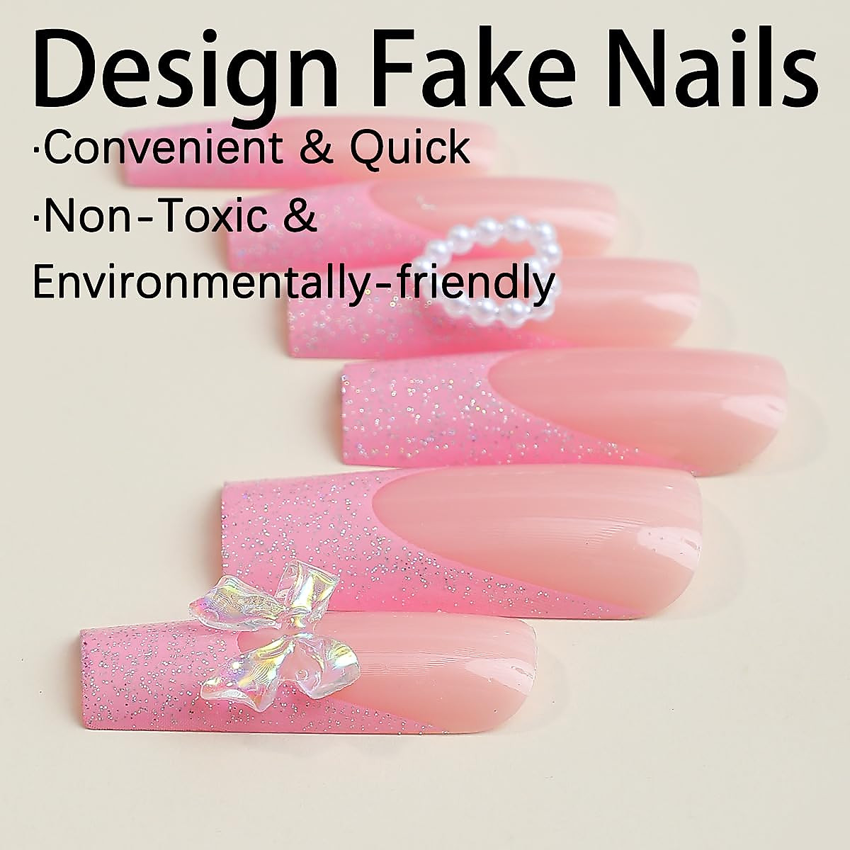 French Tip Press on Nails Long Square False Nails Tube Shape Pink Acrylic Nails with Rhinestones 3D Cat and Heart Bow Designs Glue on Nails Glitter Fake Nails Press Ons for Women 24pcs from QQPPOLIU