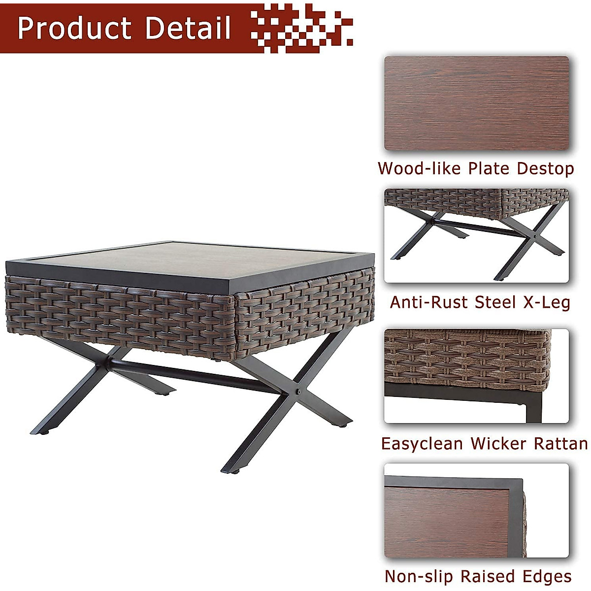 Festival Depot Patio Side Coffee Table Outdoor Bistro Dining Furniture with Wood Grain Top, Wicker Rattan and X Shaped Metal Steel Legs (Brown)