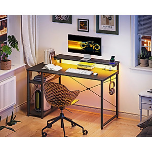 MOTPK Gaming Desk with Led Lights & Power Outlet, 40 Inch Small Gaming Computer Desk with Shelves, Reversible Gamer Desk Table with Adjustable Monitor Stand & Headphone Hook, Carbon Fiber Texture