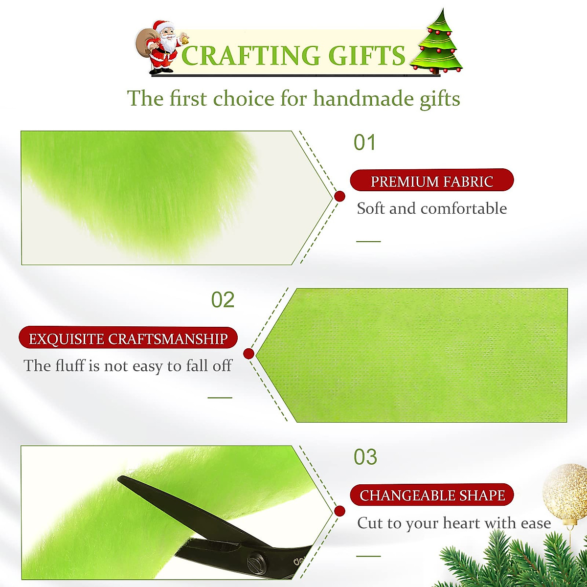 480 Inches Green Fur Fabric Faux Fur St Patricks Day Ribbon Precut Fluffy Fuzzy Craft Shaggy Plush Fabric for DIY Gnome Dolls Dwarf Cosplay Costume Rug Sewing 2 x 60 Inch