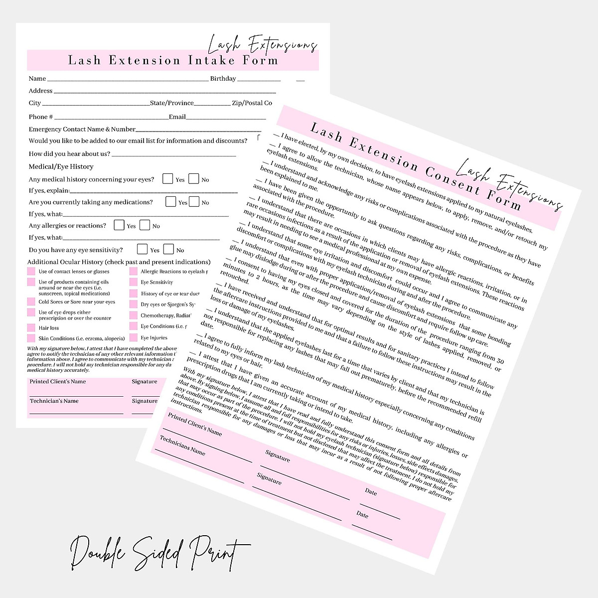 Lash Extension Eyelash Consent, Intake, Aftercare forms with Mapping length curl application style | 75 Pack | 25 of each Consent, Intake, Aftercare, and Design Forms for Lash Artists | 8.5 x 11 inch