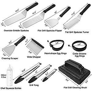 FiveJoy Griddle Accessories Kit, Flat top Grill Set for Blackstone and Camp Chef, BBQ Spatula Tools with Metal Spatula, Scraper, Egg Rings, Cleaning Kit for Camping (17 PCS)- Gift for Men, Women, Dad