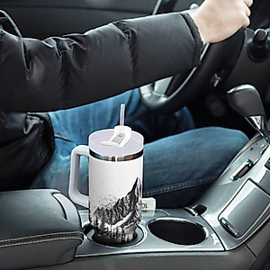 Jihqo Mountain Ink Style 40 oz Stainless Steel Vacuum Insulated Tumbler with Handle and Straw Lid, Leakproof Water Bottle Double Wall Travel Mug Coffee Cup, Cupholder Friendly