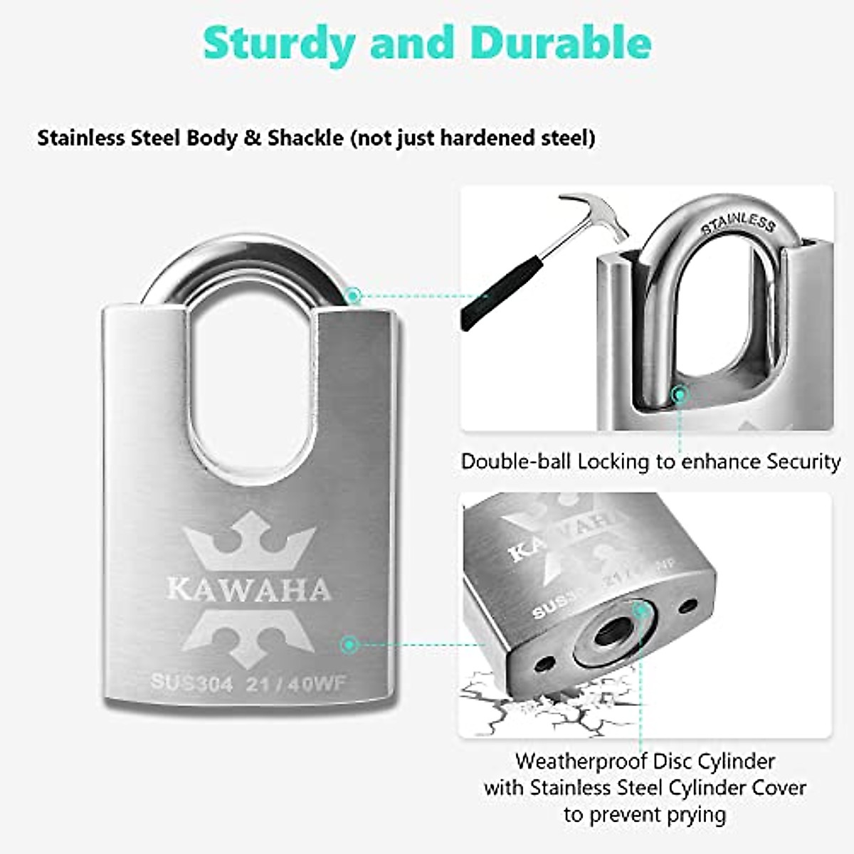 KAWAHA 21/40-4P High Security Stainless Steel Shrouded Padlock with Key for Both Indoor and Outdoor use (SUS304 Stainless Steel, Heavy Duty, Anti-Rust) (1-9/16 in. (40mm), Keyed Alike - 4 Pack)