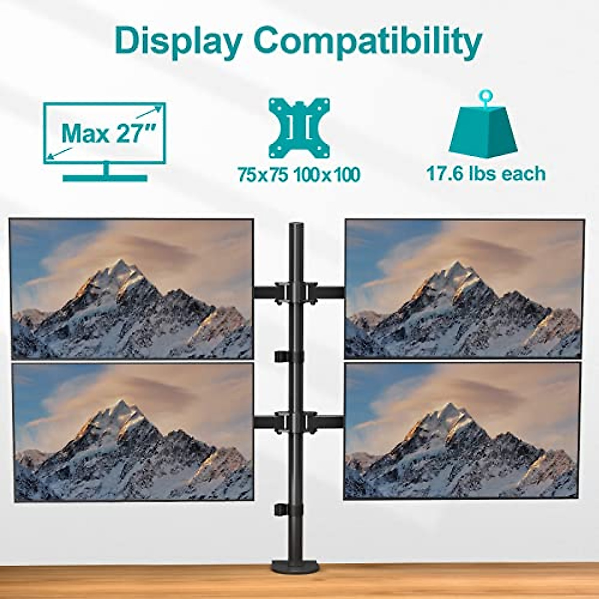 MOUNT PRO Quad Monitor Stand, 4 Monitor Mount for 13 to 27 inch Computer Screens, Hold up to 17.6lbs Each, Fully Adjustable Stacked 4 Monitor Desk Mount, VESA Mount, C clamp/Grommet Base