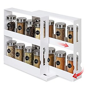 Rotating Spice Rack Plastic Seasoning Spice Jar Rack Storage 2 Tier Pull Out Kitchen Cabinet Organiser Slide Salt Bottle Box Holder Shelf Counter Spice Stand Multi-Function Pantry Door Storage - White