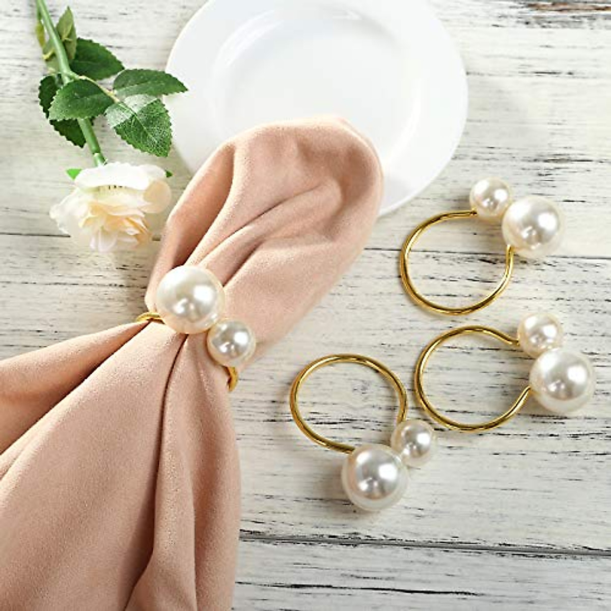 KESOTE Set of 12 Pearl Napkin Rings, Gold Napkin Ring Holders for Formal or Casual Dinning Table Decor