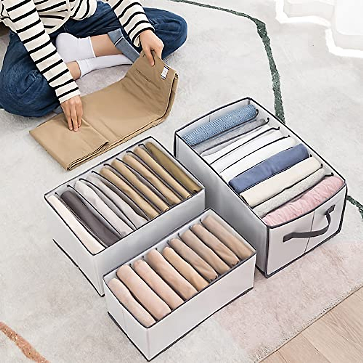 Vercord Washable Pants Drawer Organizer 9 Divider Foldable Clothes Organizer Wardrobe Storage Box Large 2 for Underwear Socks Jeans Grey