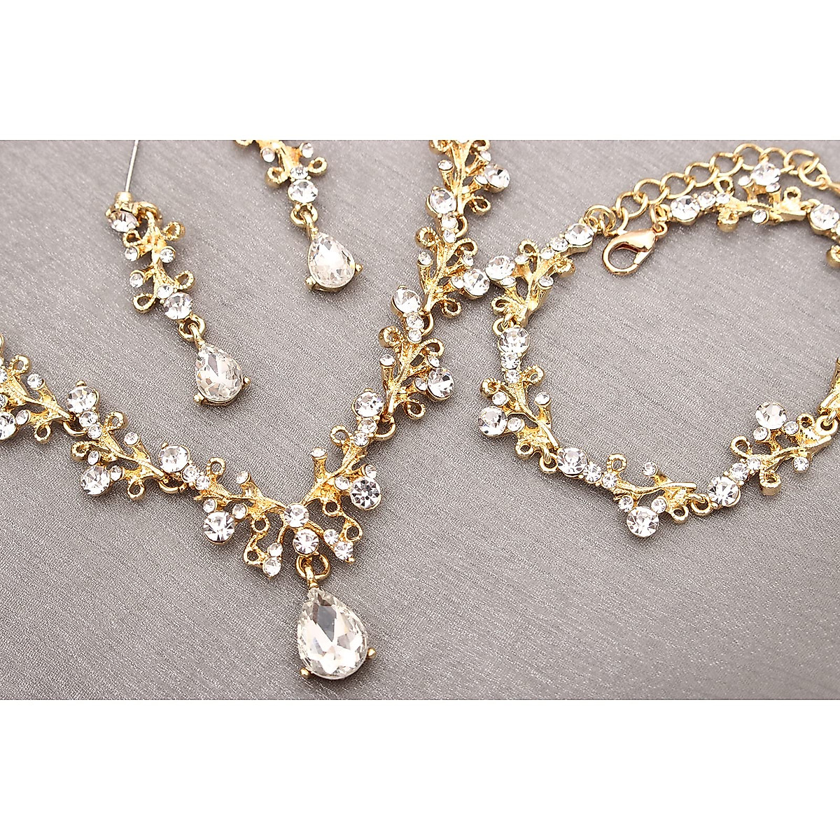 3Pcs Austrian Crystal Jewelry Set for Women, Necklace Dangle Earrings Link Bracelet with Gold/Platinum/Gun Plated, Wedding Party Bridal Bridesmaid (White-Gold Plated)