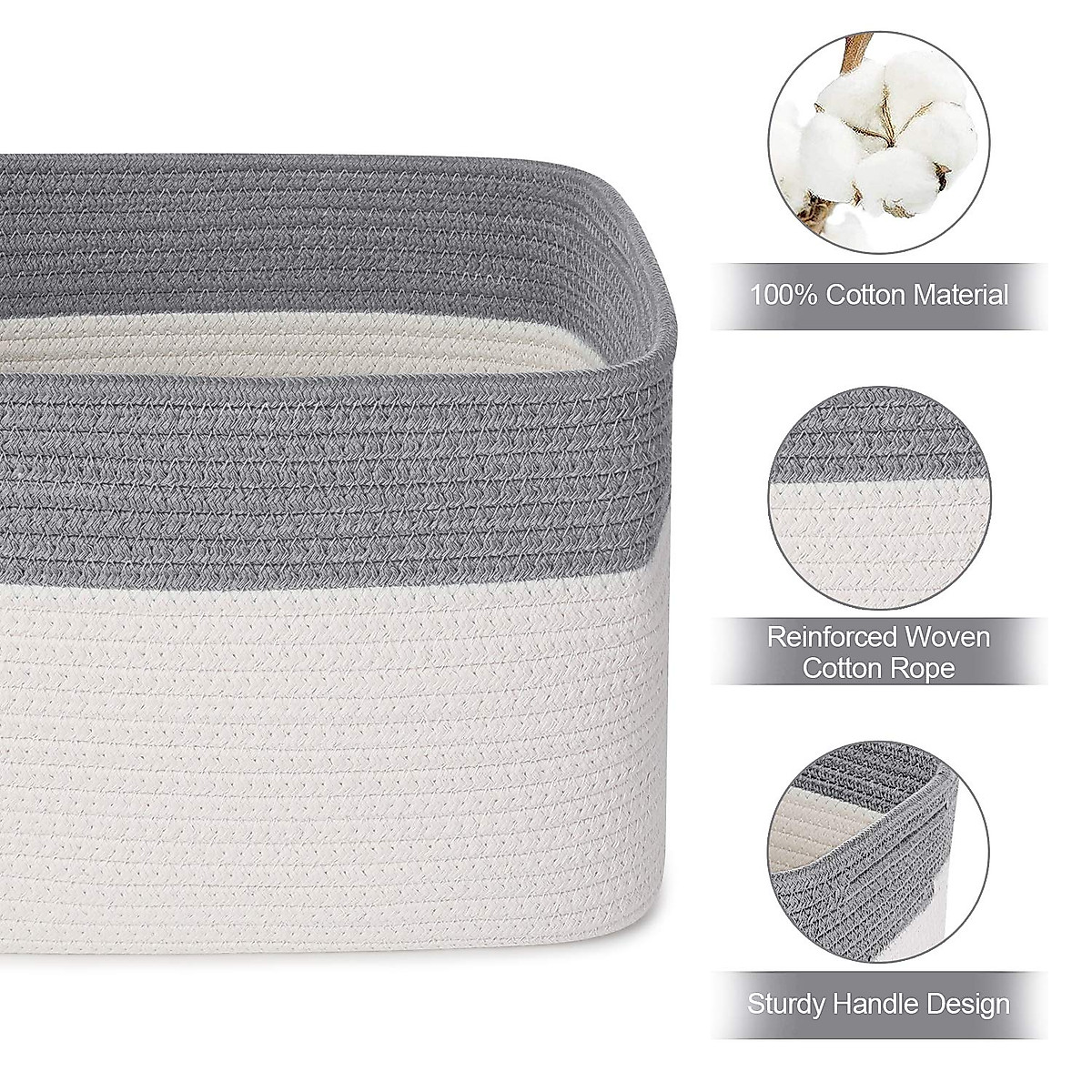 ANMINY Woven Cotton Rope Storage Baskets with Handles Large Washable Basket Decorative Storage Bins Boxes Nursery Baby Kid Toy Blanket Clothes Towel Laundry Organizer Containers - White/Gray