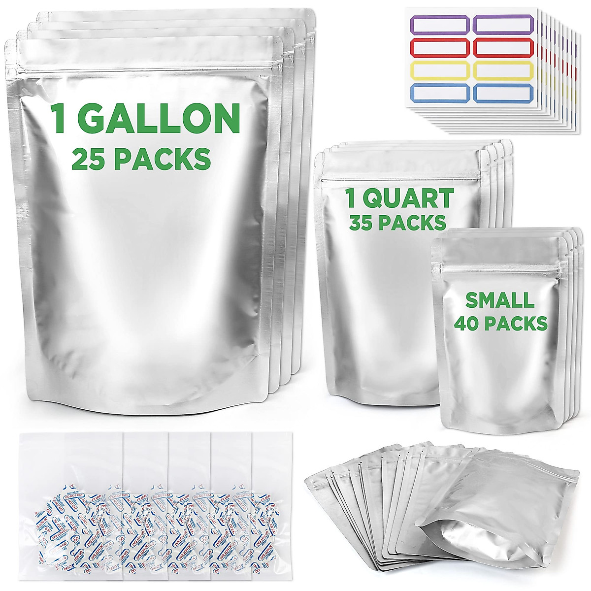 Food Container Storage Mylar Bags, 100 Pcs with Oxygen Absorbers and Labels, Resealable Ziplock Bags for Heat Sealable, 3 Sizes (Gallon, Quart, Small), Thick 8.6 Mil