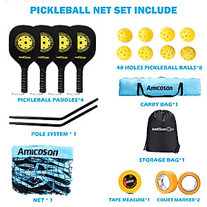 Amicoson Pickleball Set with 22FT Net, 4 Wooden Paddles, 8 Balls, 1 Carrying Bag, 1 Backpack, 2 Rolls of Court Tape & 1 Measuring Tape