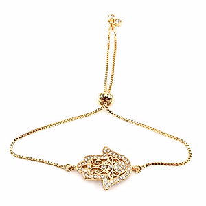 LESLIE BOULES 18K Gold Plated Hamsa Bracelet for Women Adjustable Chain