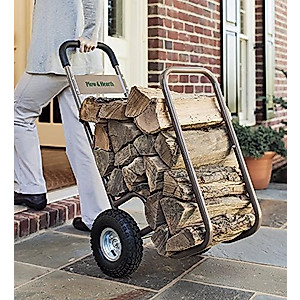 Plow & Hearth Indoor Outdoor Rolling Firewood Log Cart| Wood Rack and Carrier with Pneumatic Wheels| Heavy-Duty| Rolls Up and Down Stairs| All-Terrain| 20" W x 22" D x 42" H
