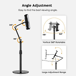SupeDesk Phone Stand Overhead Recording Stand, Adjustable Cell Phone Holder, Multiangle, 3-Part Adujustable,Horizontal Recording Stand, Compatible with 3.5-11" Phone/iPad Mini/iPhone, Black