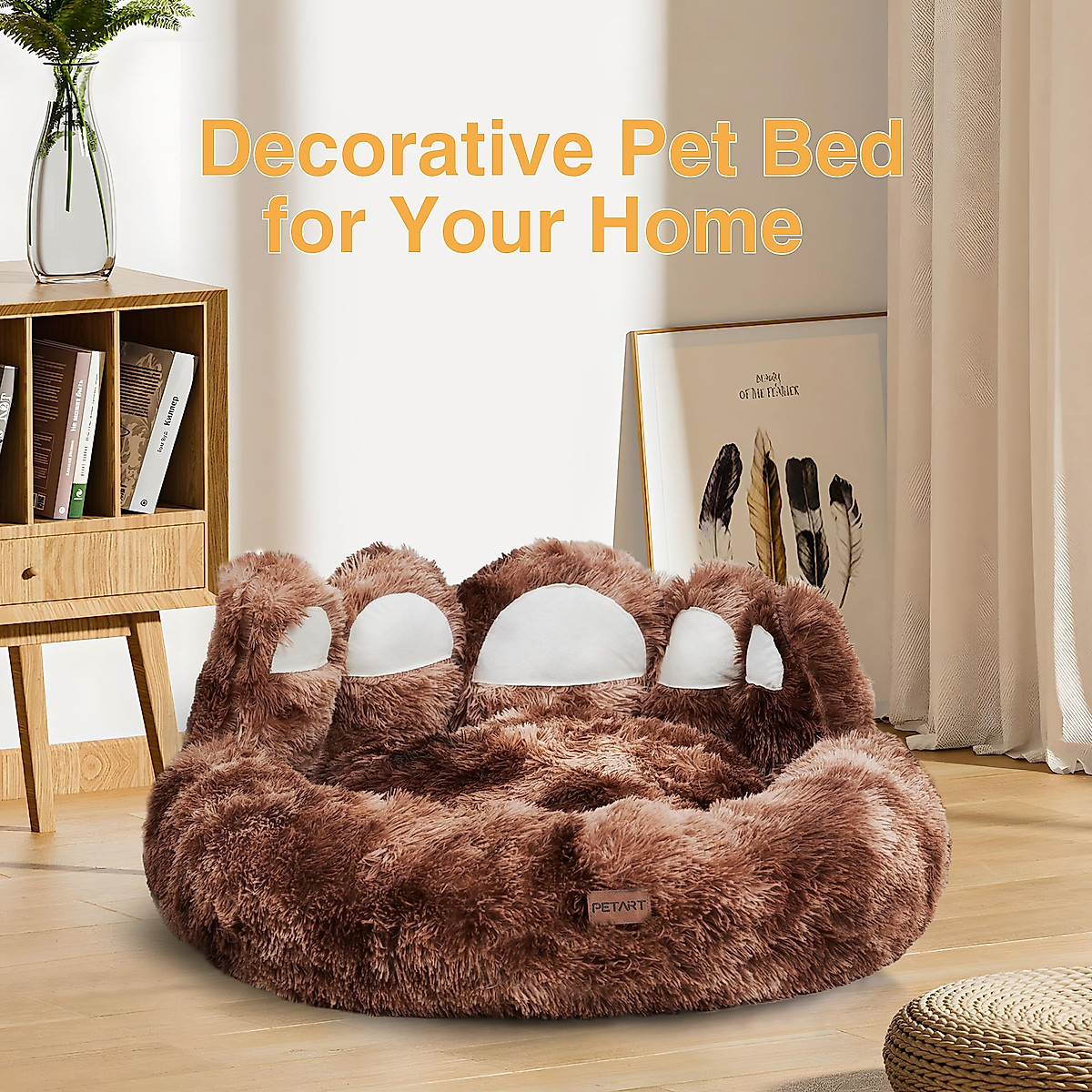 PETART Cute Dog Bed, Fluffy Cozy Bear Paw Shape Plush Round Cat Bed for Small, Medium Dogs & Large Cats,Comfortable Sleeping Puppy Cushion, Ideal for Indoor Use（Black&Coffee,18inch