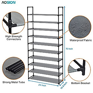AOSION 10 Tier Shoe Rack,Shoe Rack for Closet 30-50 Pairs Tall Shoe Rack Organizer with Hooks Large Shoe Rack with Removable,Space Saving Shoe Shelf,Non-Woven Fabric Shoe Tower,Grey