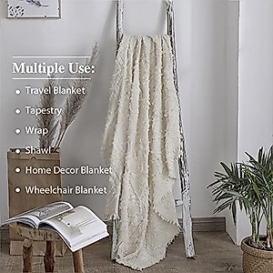 Simple&Opulence 100% Cotton Throw Blanket for Bed, Couch, Boho Textured Geometric Knit Woven Blanket with Tassels Soft, Lightweight Breathable Shabby Chic Farmhouse Decoration for All-Season(White)