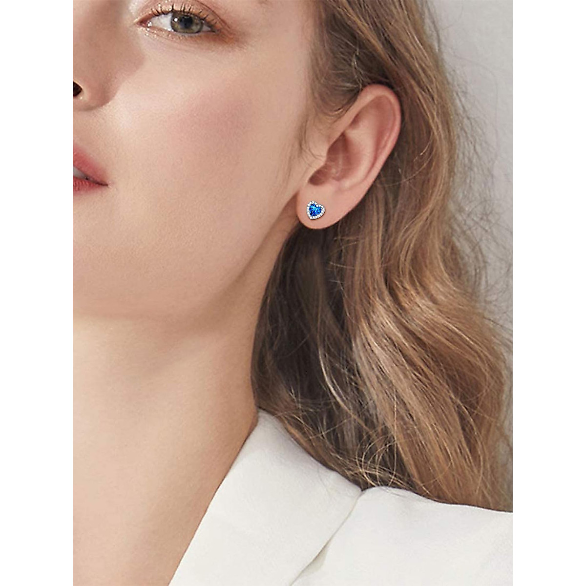 ChicSilver Women March Birthstone Jewelry 925 Sterling Silver Heart Blue Aquamarine Stud Halo Earrings 7mm Birth Stone Hypoallergenic Earrings for Women
