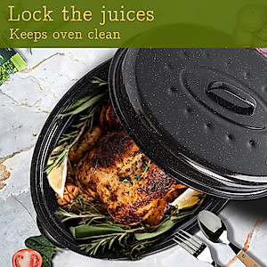 Letschef Roasting Pan 18.3 inch Roaster Pan Set Enamel Oven Roaster Pan with Lid for Turkey Chicken Cookware
