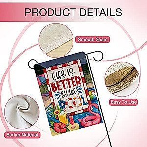 Hzppyz Life is Better by the Pool Summer Garden Flag Double Sided, Flamingo Juice Decorative Yard Outdoor Small Decor Burlap Home Outside Decoration 12 x 18