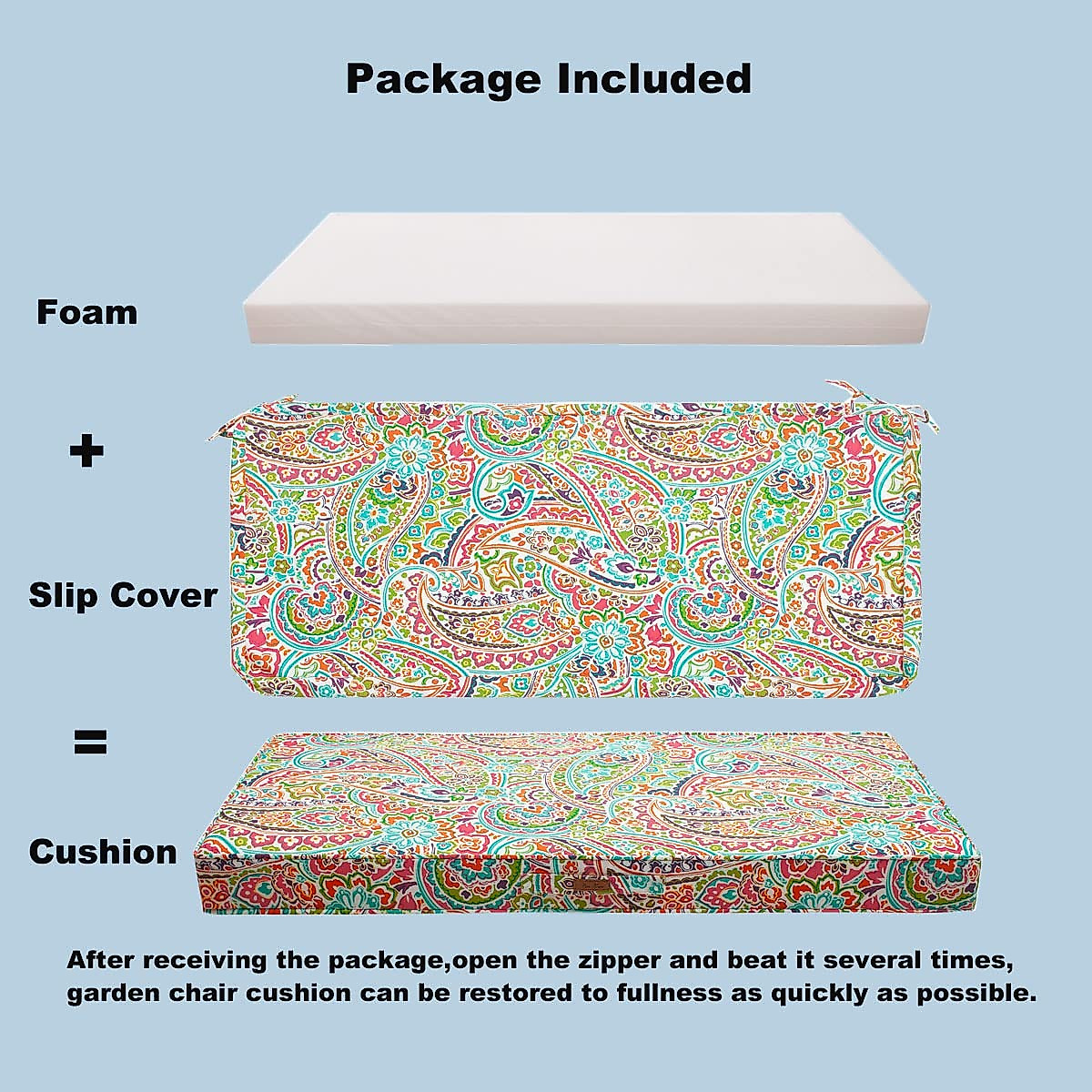 FUNHOME Outdoor Bench Cushion Water-Repellent, 48 x 18 Inch Bench Cushions for Outdoor Furniture, Settee Cushions with Handle and Straps, Patio Couch Cushion 1 Pack, Melora Paisley