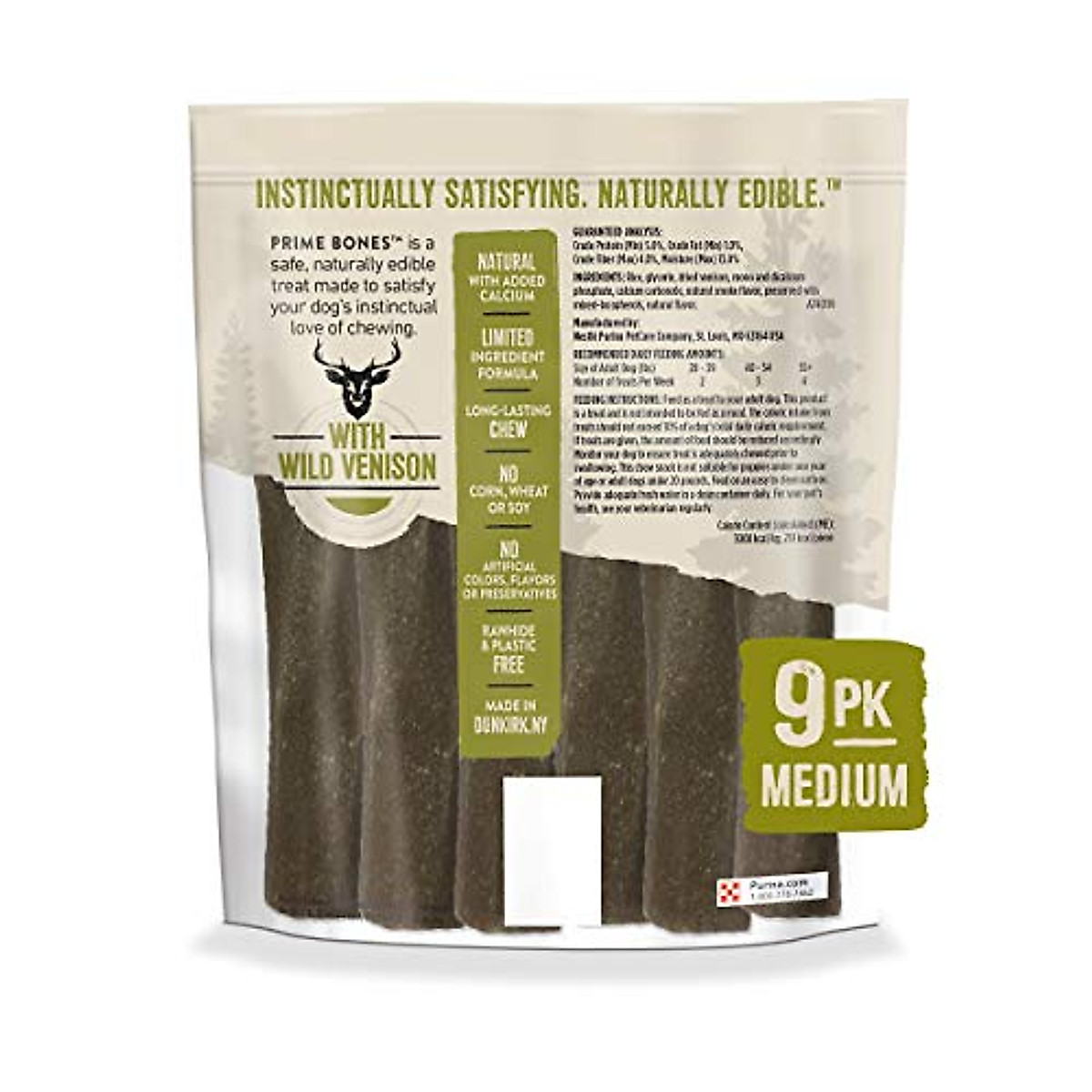 Purina Prime Bones Made in USA Facilities Limited Ingredient Medium Dog Treats, Chew Stick With Wild Venison - 9 ct. Pouch