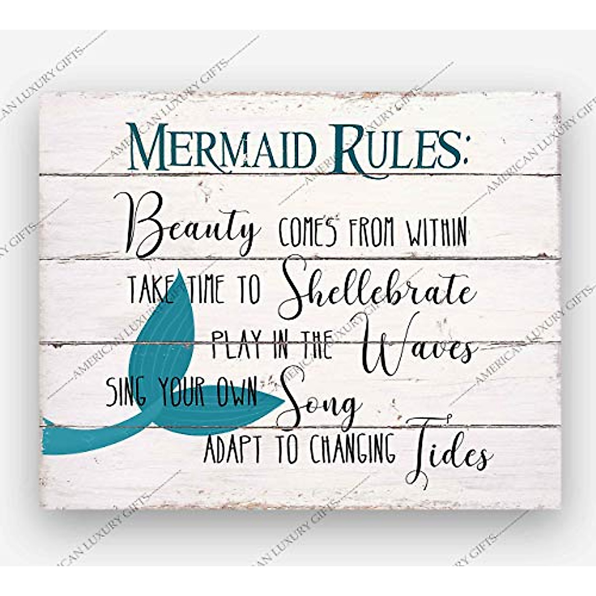 Mermaid Rules - Inspirational Beach Wall Art, Distressed Wood Design Ocean Wall Decor Print, Ideal Wall Decor For Home Decor, Bedroom Wall Art, Great House Decor, Office Decor, Unframed - 10x8
