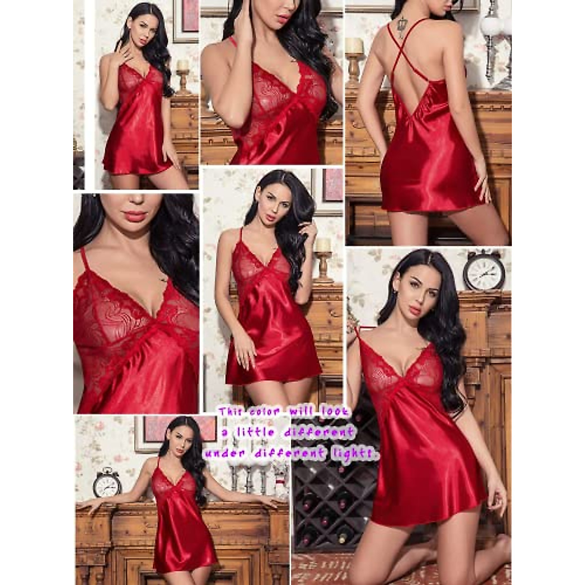 Avidlove Women Bridal Robe Satin Nightgown Sexy Lingerie Lace Lingerie Set Sexy Babydoll V Neck Sleepwear Strap Chemise A Red