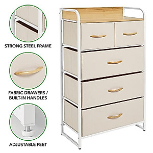 mDesign Tall Dresser Storage Chest - Vanity Furniture Cabinet Tower Unit for Bedroom, Office, and Closet - Textured Print - 5 Removable Drawers - Cream/White