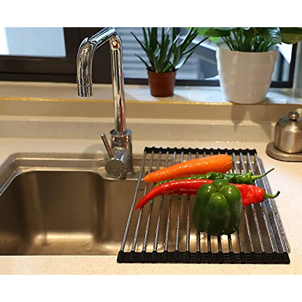 Roll up Dish Drying Rack Over The Sink Dish Drying Rack Portable Stainless Still Rolling Rack Folding Dish Drainer Sink Rack Mat Dish Drying Rack for Kitchen Sink Counter (17.8''LX11.2''W, Black)