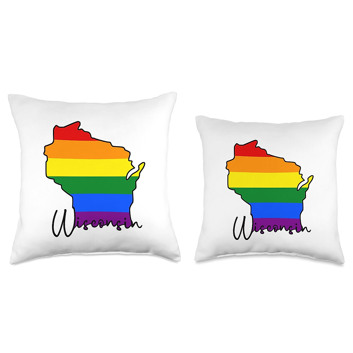 Wisconsin Map USA State Rainbow Pride Flag Map USA State Wisconsin Rainbow Flag Pride Month Throw Pillow, 16x16, Multicolor