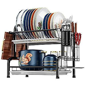 iSPECLE Dish Drying Rack, 304 Stainless Steel 2-Tier Dish Rack with Utensil Holder, Cutting Board Holder and Dish Drainer for Kitchen Counter