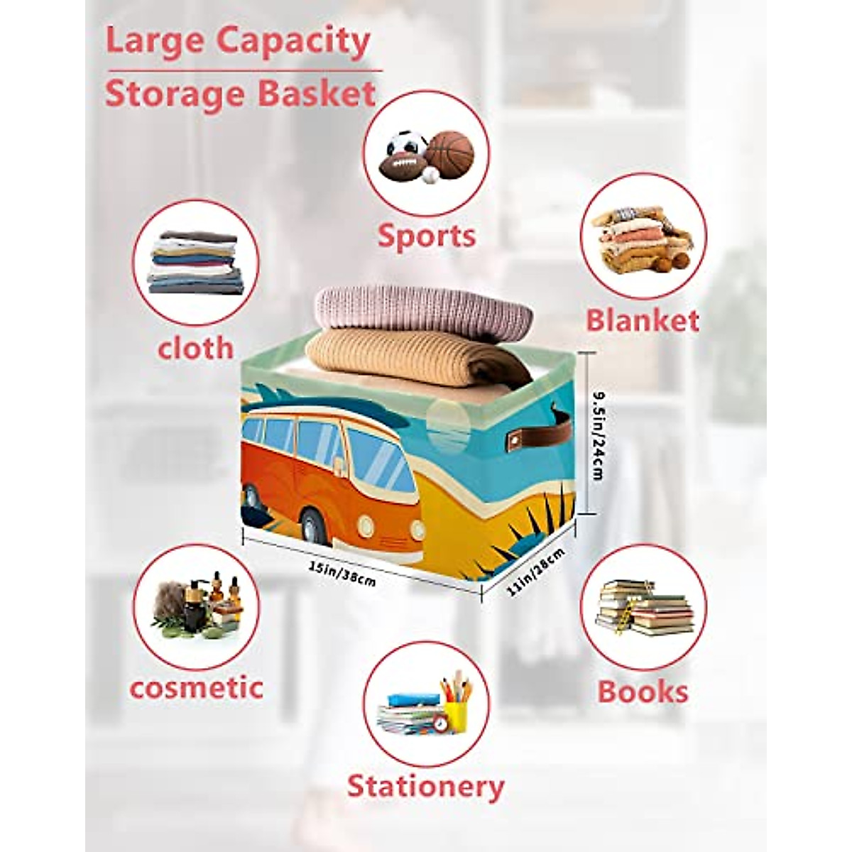 Summer Travel Storage Bin for Shelves with Leather Handles, 15 X 11 X 9.5 Inches Waterproof Storage Bins for Clothes Toy Blanket Books Organizers Storage Tropical Palm Trees and Seaside Bus