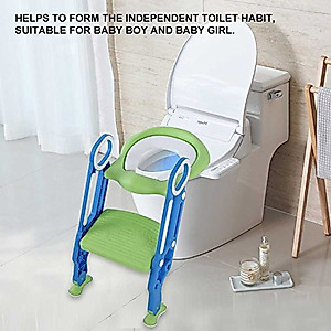 Toilet Training Seat, Adjustable Baby Safety Potty Training Seat Chair Foldable Kids Toilet Potty Trainer with Step Stool Ladder and Soft Cushion for Toddler Child Baby Boys Girls(Blue Green)