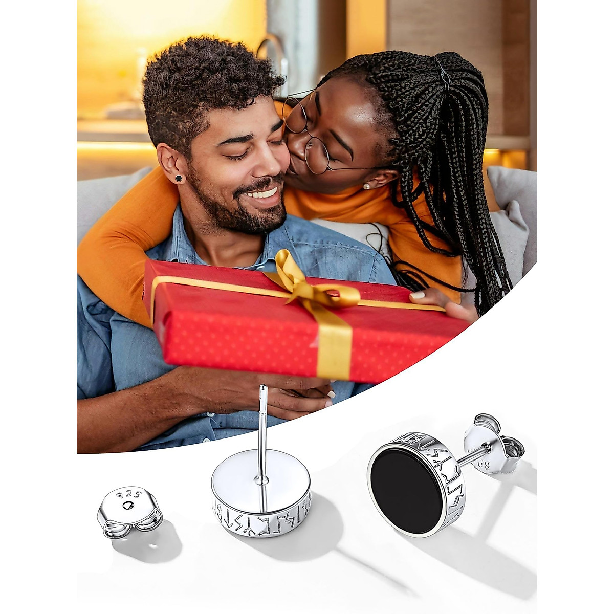 ChicSilver Mens Earrings 925 Sterling Silver Round Black Onyx Earrings with Viking Rune Black Earrings for Men Hypoallergenic Christmas Studs for Men