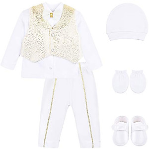 Lilax Baby Boys Newborn Gentleman Outfit Long Sleeve White Shirt with Vest and Pant 6 Piece Set 0-3 Gold