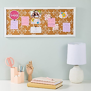 Long Decorative Cork Board for Walls, White Framed Tack Bulletin Board with Floral Print for Bedroom, Dorm Room (10 x 24 in)
