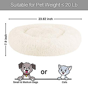 Round Cat Bed Donut Dog Bed, Washable Cuddler Pet Cushion Faux Shag Fur Cat Cot with Bolster and Anti-Slip Base, Self-Warming Plush Cat Den for Kitten, Puppies, Small Medium Size Below 20 Lbs White