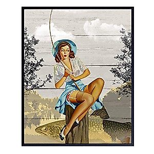 Rustic Fishing Pinup Girl Art Print - Retro Vintage 1950s Wall Art Poster - Shabby Chic Home Decor for Beach or Lake House, Den, Man Cave - Gift for Fisherman, 8x10 Photo Unframed