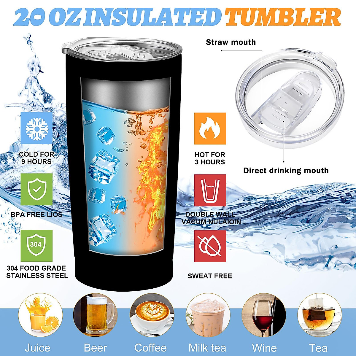 Gerrii Set of 4 Employee Appreciation Gifts for Men 20 oz Stainless Steel Tumbler with Lid Straw Thank You Socks Inspirational Keychain Metal Ballpoint Pen Birthday Thank You Gifts for Men(Black)