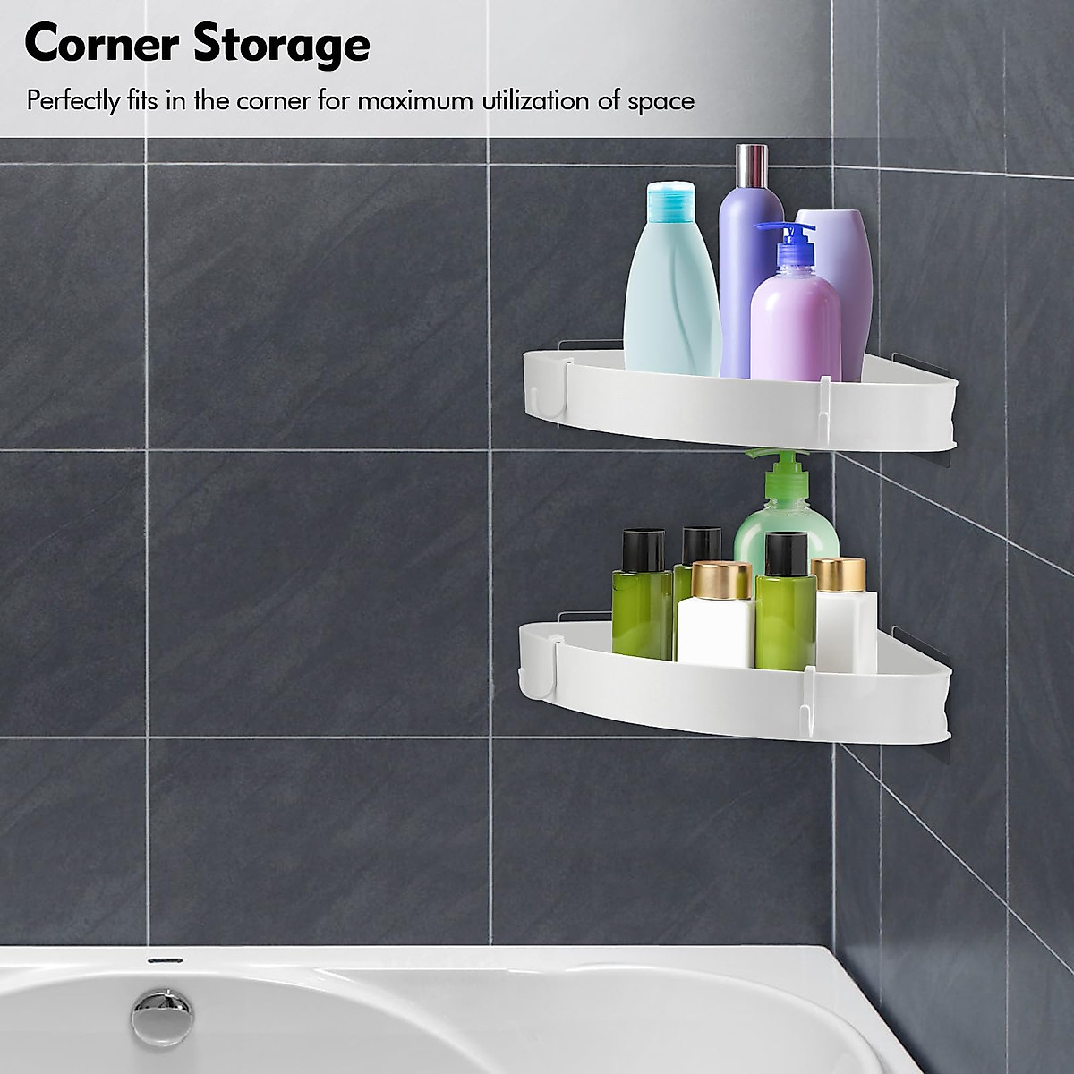 Dalanpa 2 Pack Corner Shower Caddy, Wall Mounted Bathroom Shelf with Hooks, Adhesive Shower Storage Rack (White)