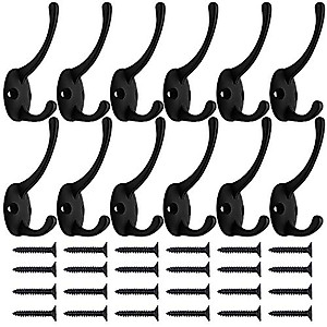 IBosins 12 Pack Black Coat Hooks Wall Mounted with 24 Screws Retro Double Hooks Utility Black Hooks for Coat, Scarf, Bag, Towel, Key, Cap, Cup, Hat
