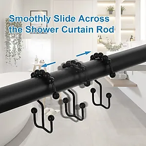 Shower Curtain Hooks Rings, TENOVEL Double Sided Shower Hooks Rust Proof for Bathroom Shower Rods Curtain, Durable Stainless Steel Bathroom Shower Curtain Hangers, Matte Black, Set of 12