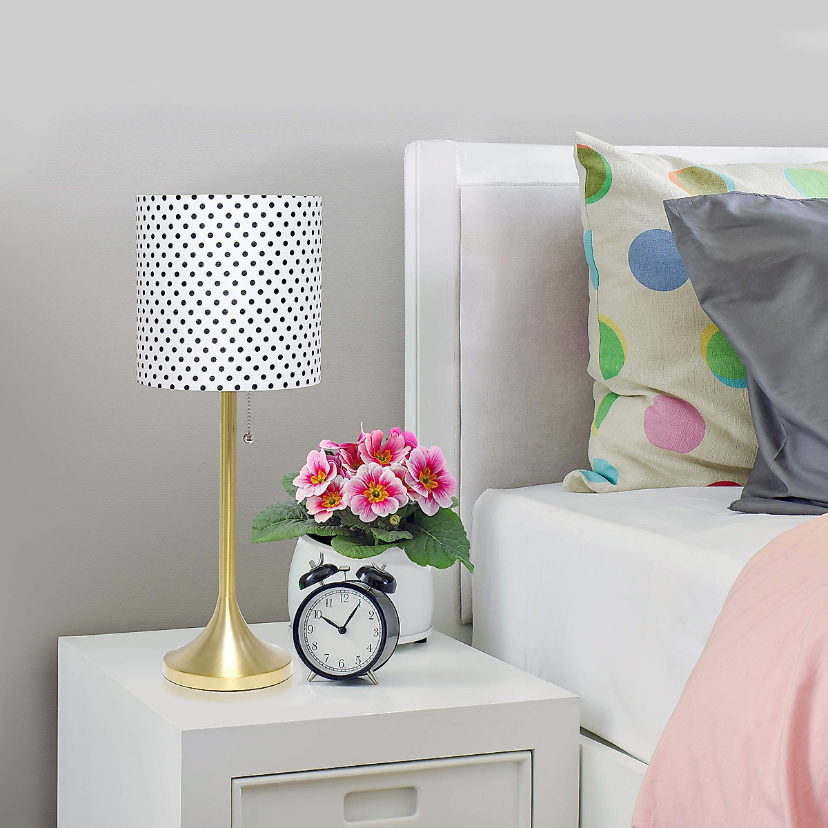 Simple Designs LT1076-GDD Tapered Fabric Drum Shade Table Lamp, Gold and Polka Dot
