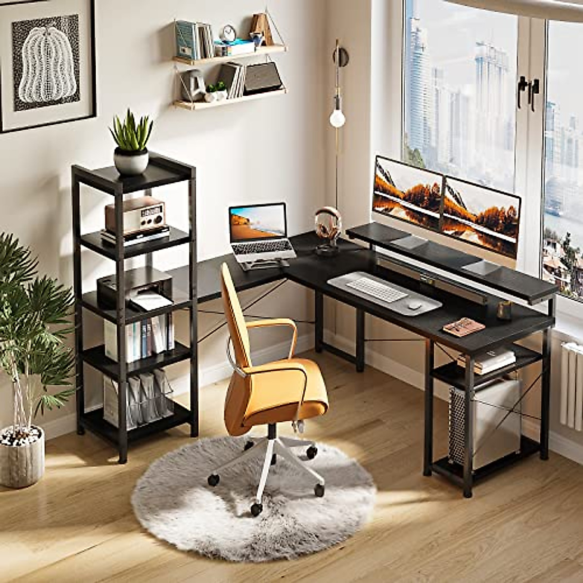 ODK L Shaped Desk with Monitor Stand, 61 Inch Home Office Desks with Storage Printer Shelves, Reversible Corner Gaming Desk with Bookshelf for Bedroom, Black