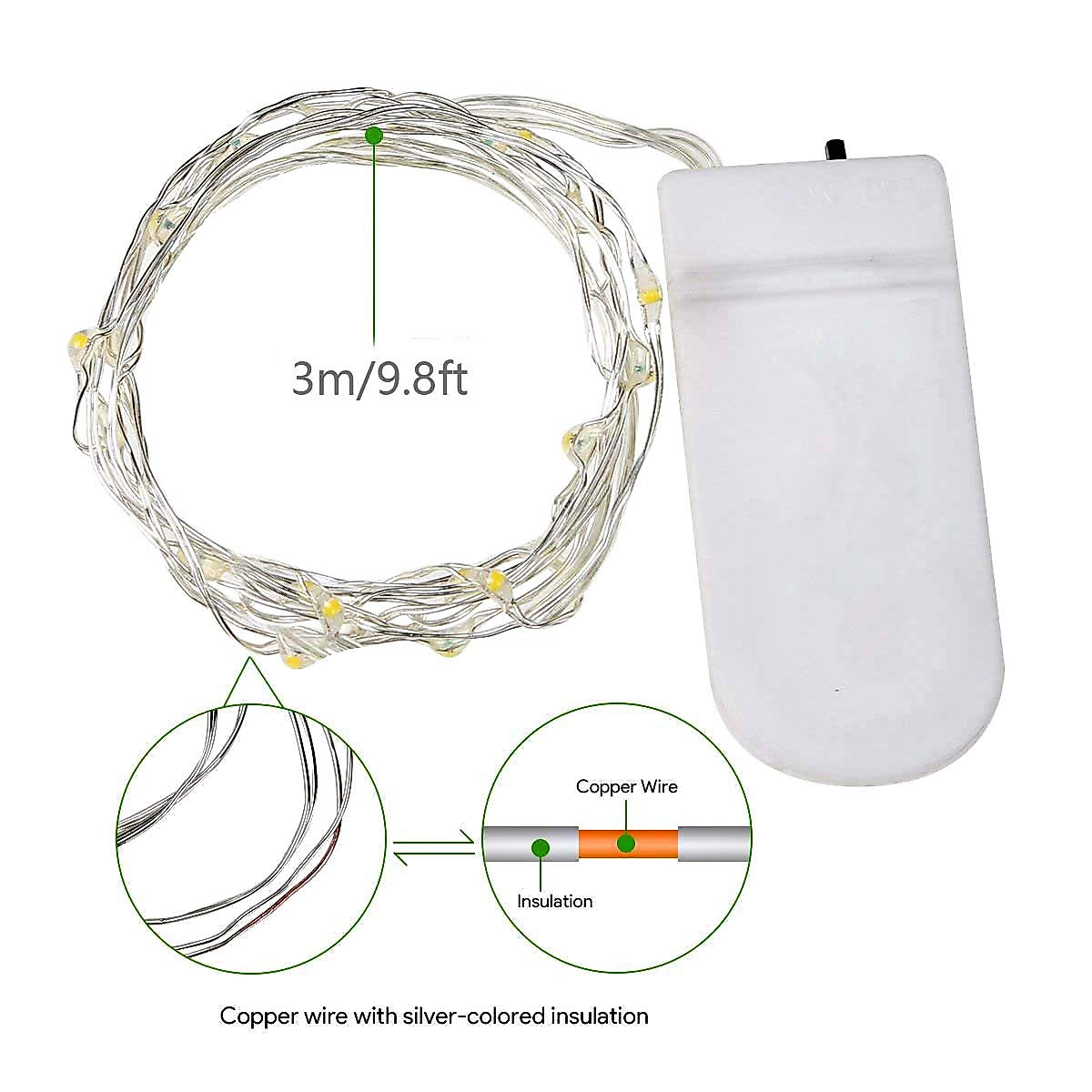 Cynzia 15 Pack Fairy String Lights, 30LED 9.8FT Battery Operated Starry Lights, Silver Wire Mini Firefly String Light for Wedding, DIY, Party, Christmas, Bedroom Decorations (Cool White)