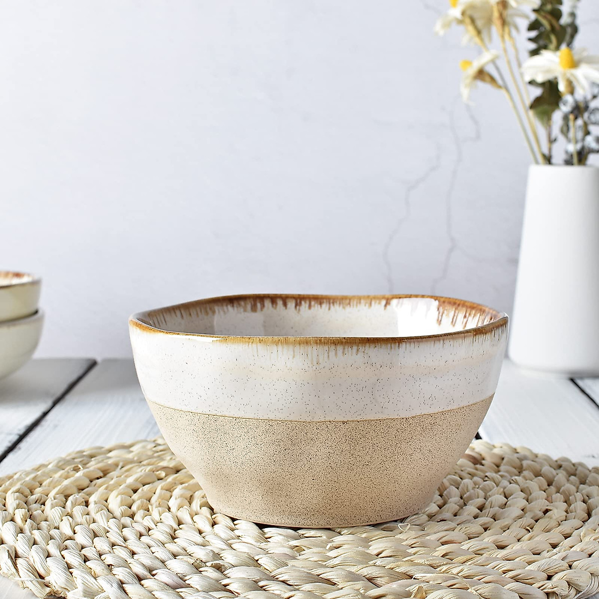 Bosmarlin Ceramic Soup Bowl Set of 4, 28 Oz, Cereal Bowl for Oatmeal, Dishwasher and Microwave Safe (Beige, 6 inches)