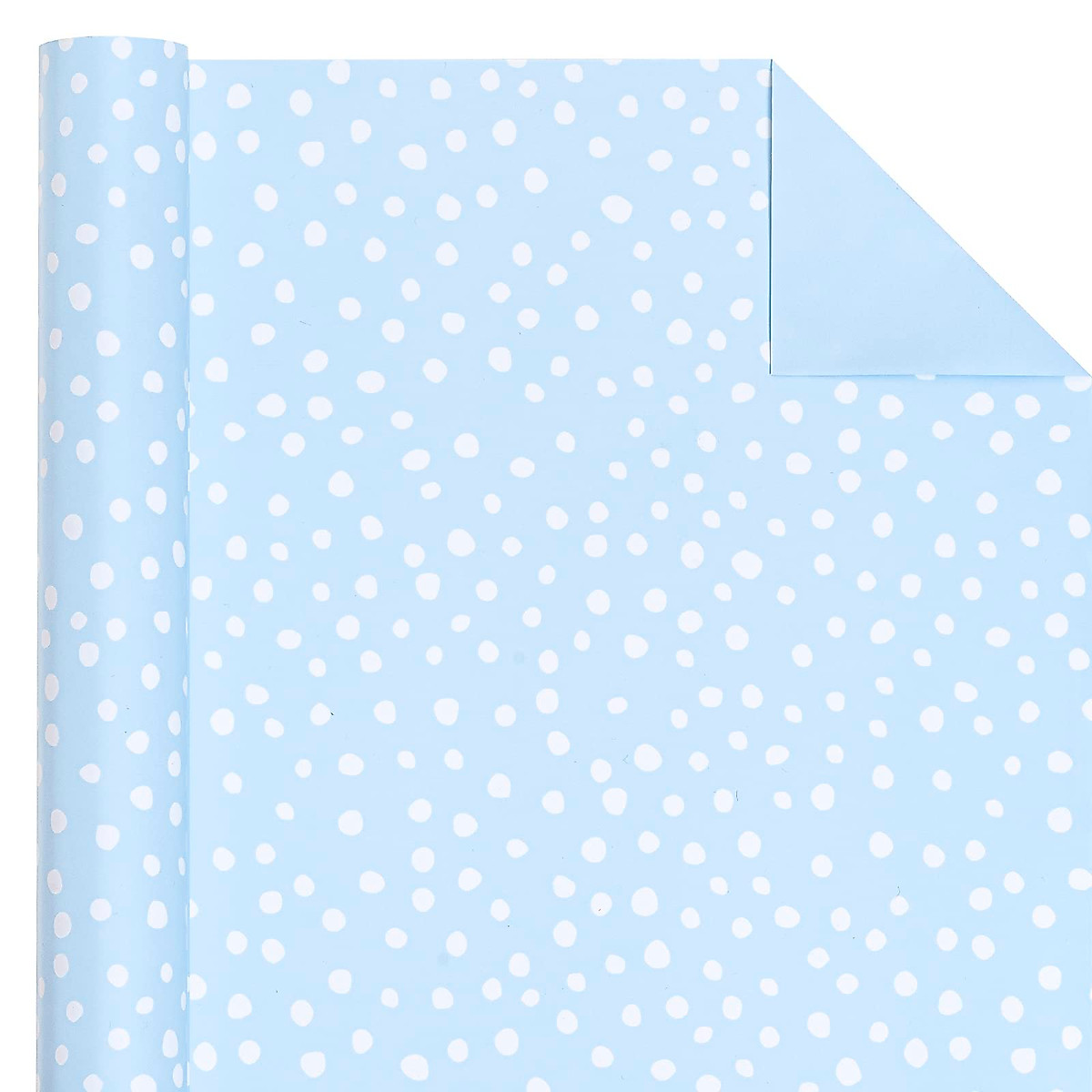 WRAPAHOLIC Reversible Wrapping Paper - Mini Roll - 17 Inch X 33 Feet - Light Blue and Delicate Polka Dots Design for Birthday, Holiday, Wedding, Baby Shower