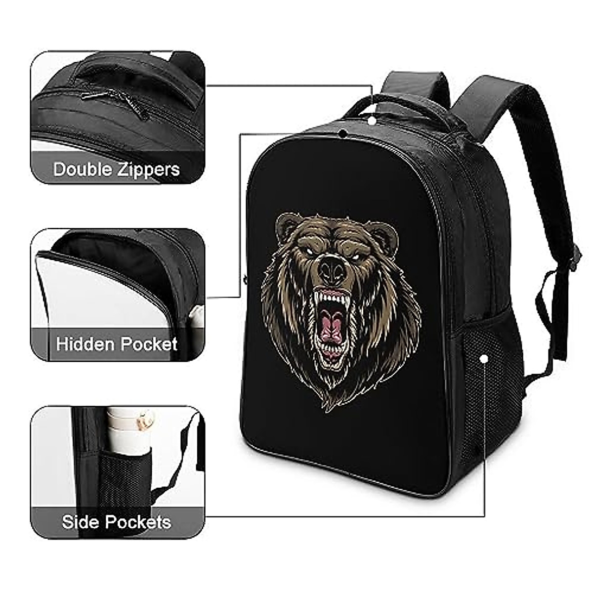 Ferocious Grizzly Bear 16 Inch Backpack Laptop Bag Casual Daypack for Traveling Camping Shopping